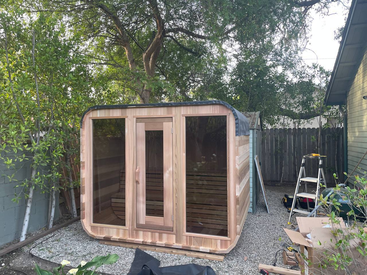 Elegant Two-Level Wooden Sauna Installation - VYV Services